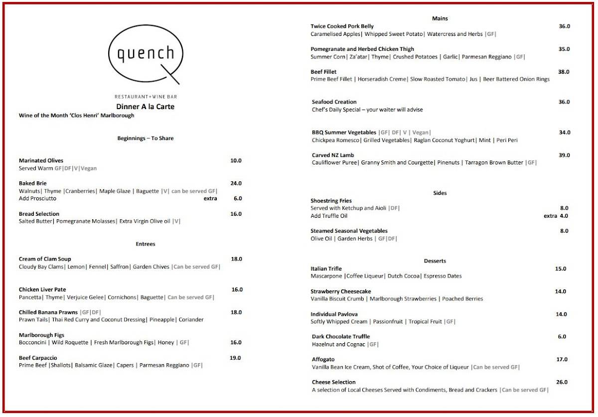 Menu at Quench Restaurant & Bar, Blenheim
