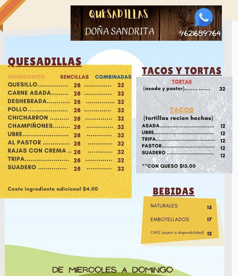 Menu at Quesadillas doña restaurant, Tapachula