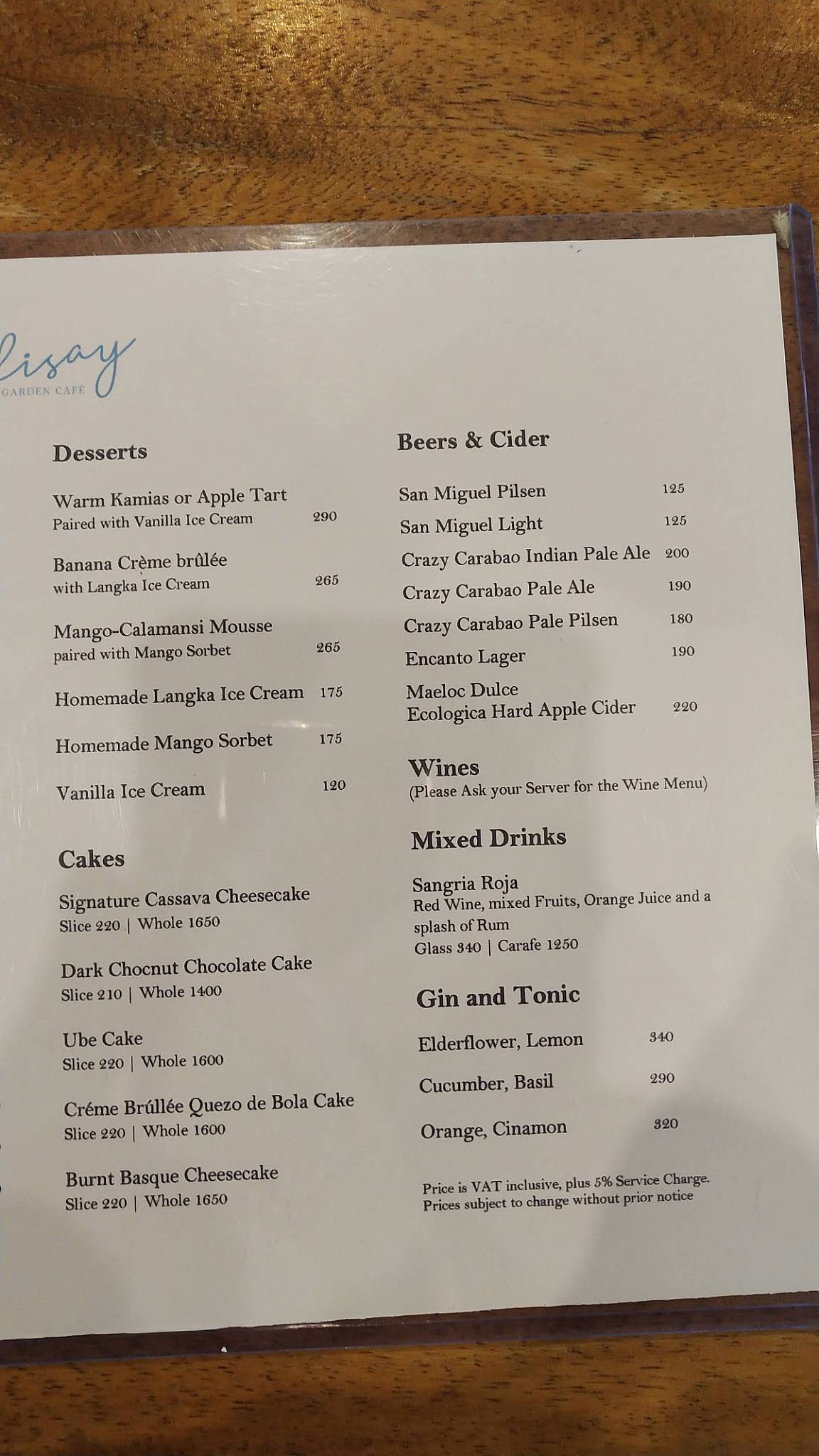 Menu at Talisay The Garden Cafe, Quezon City