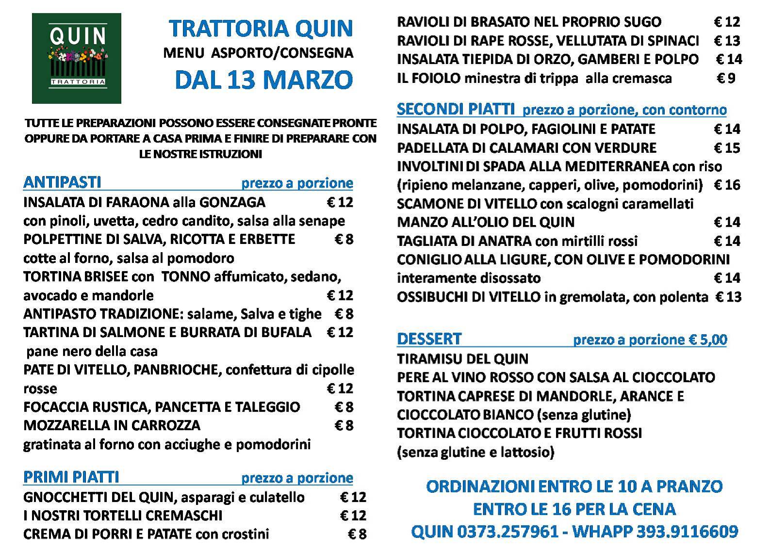 Menu da Quin ristorante, Crema