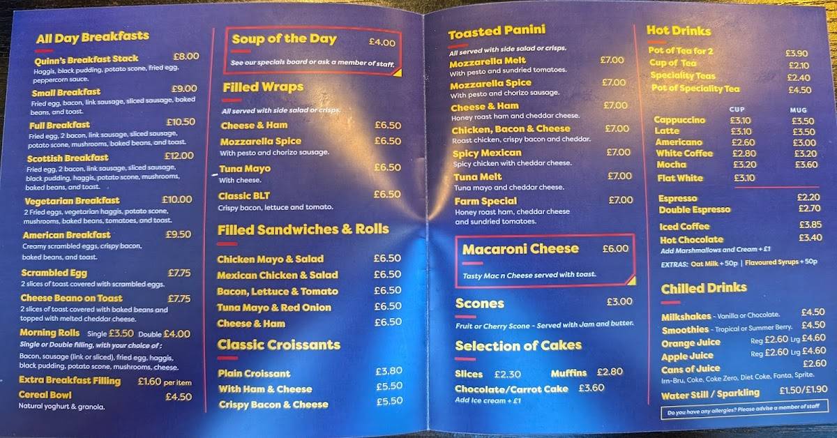 Menu at Quinn’s cafe, Edinburgh