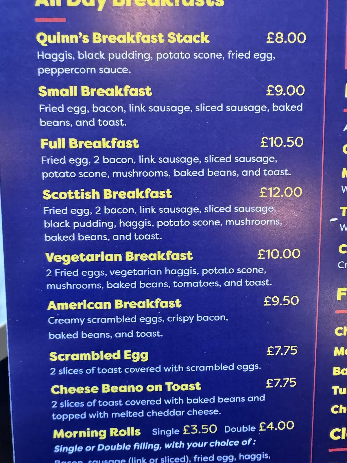 Menu at Quinn’s cafe, Edinburgh