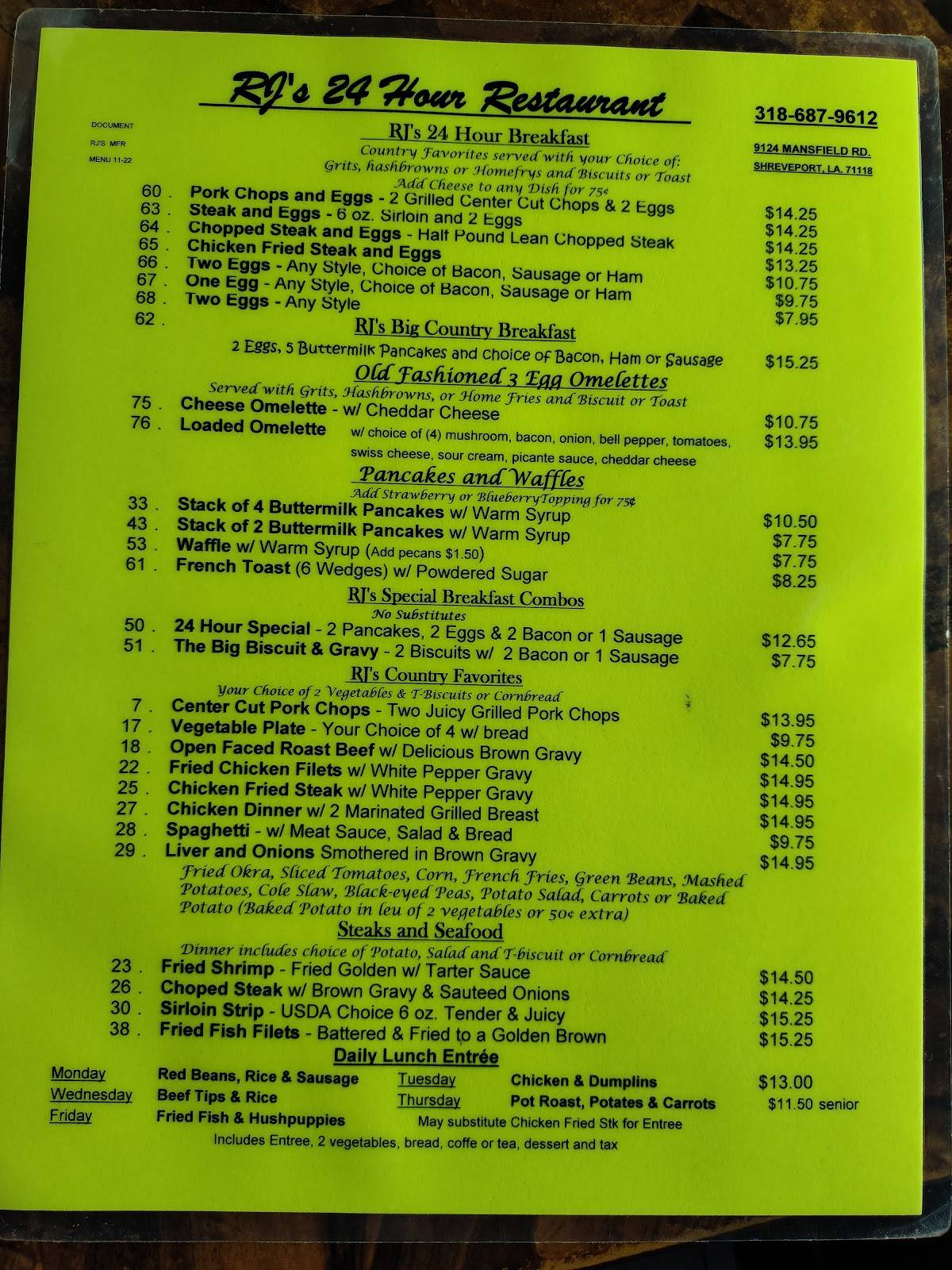 Menu at RJ's restaurant, Shreveport