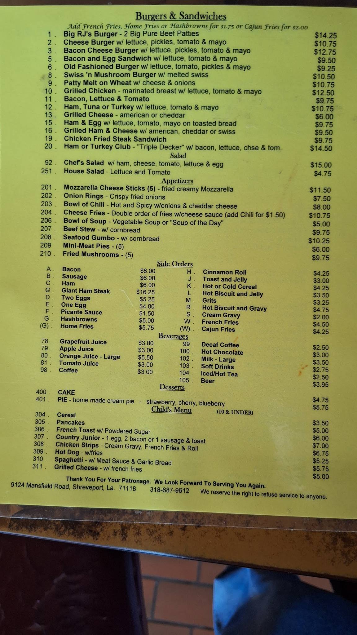 Menu at RJ's restaurant, Shreveport