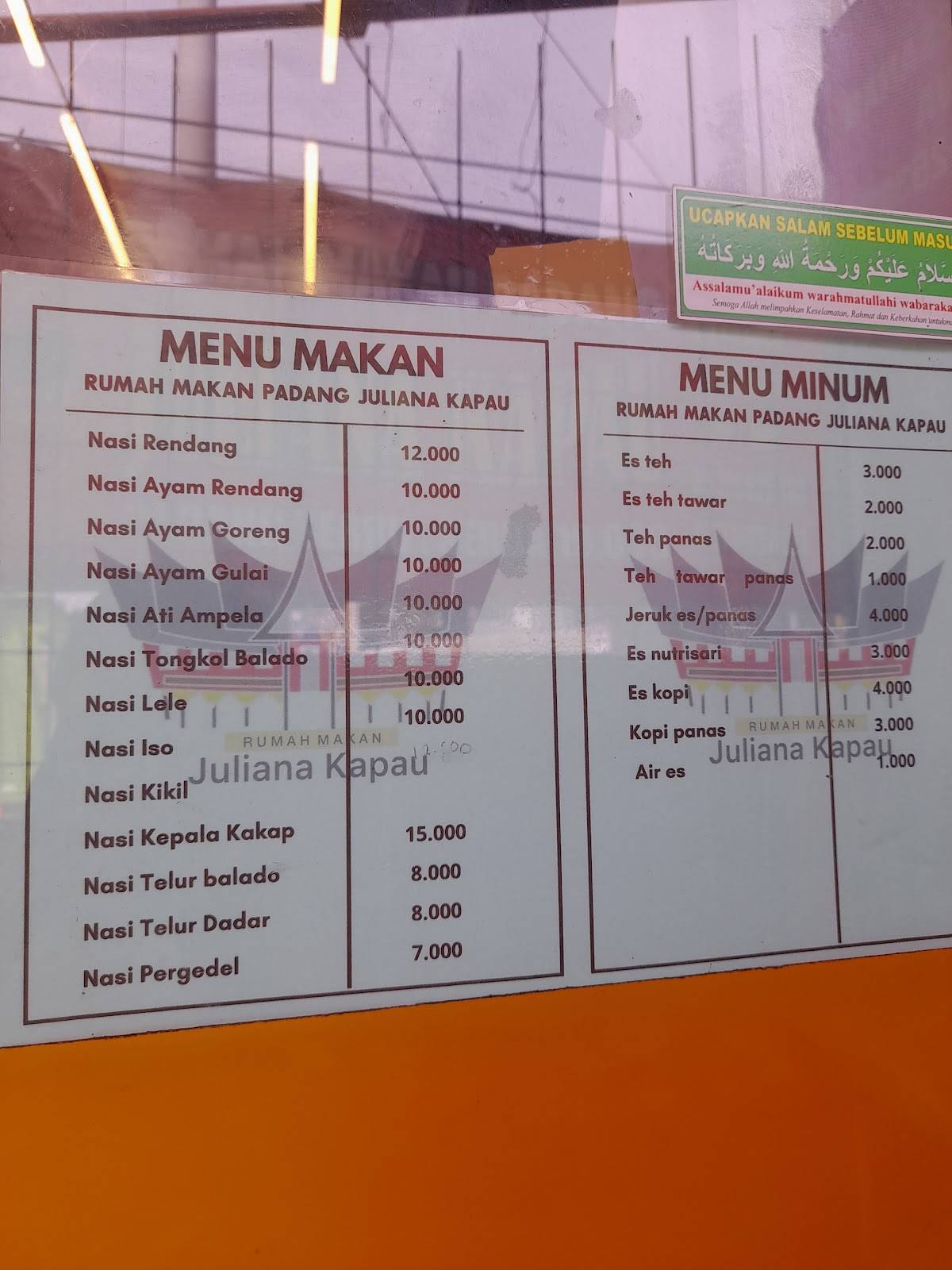 Menu at RM.PADANG JULIANA KAPAU restaurant, Semarang
