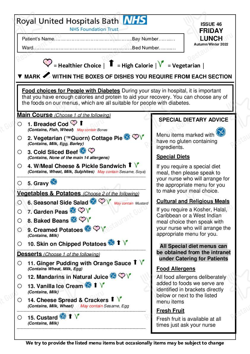 Menu at Lansdown Restaurant RUH, Bath