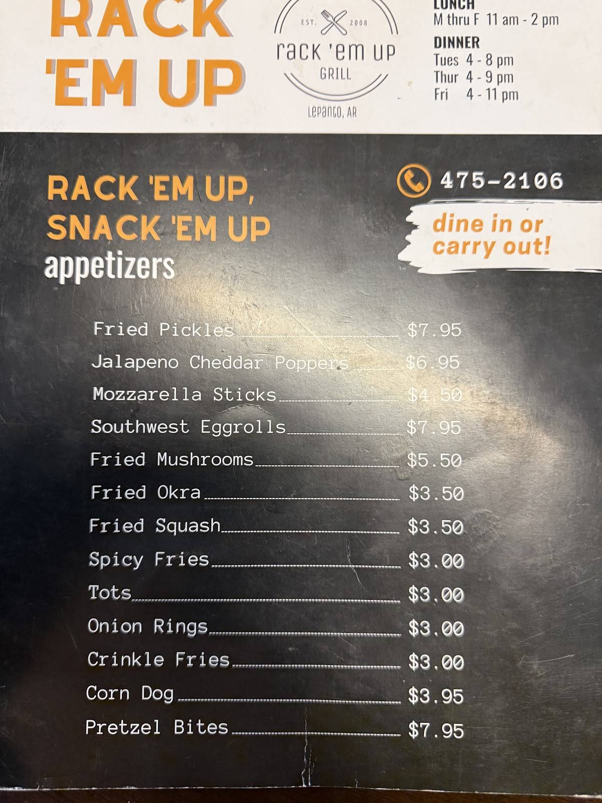 Menu at Rack 'em' Up cafe, Lepanto