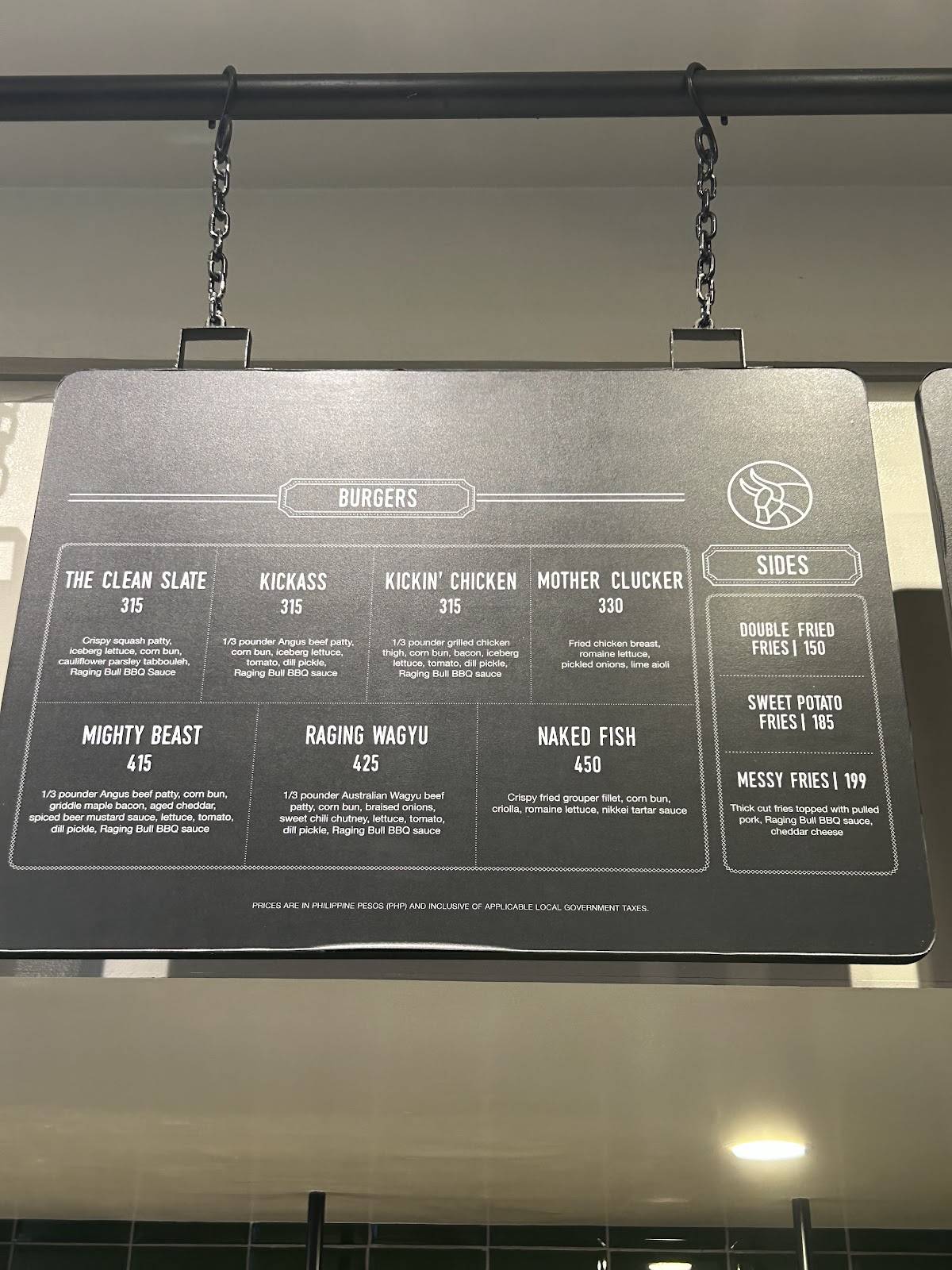 Menu at Raging Bull Burgers restaurant, Makati