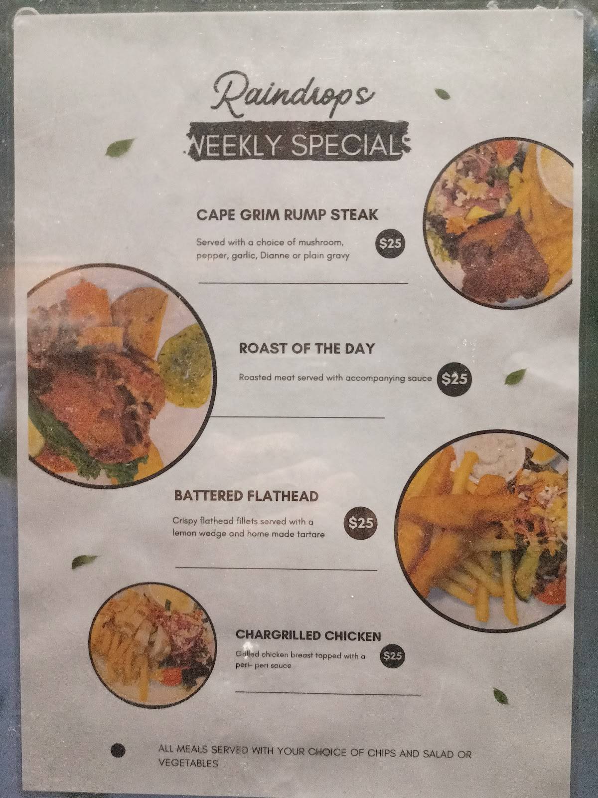 Menu at Raindrops Restaurant, Burnie