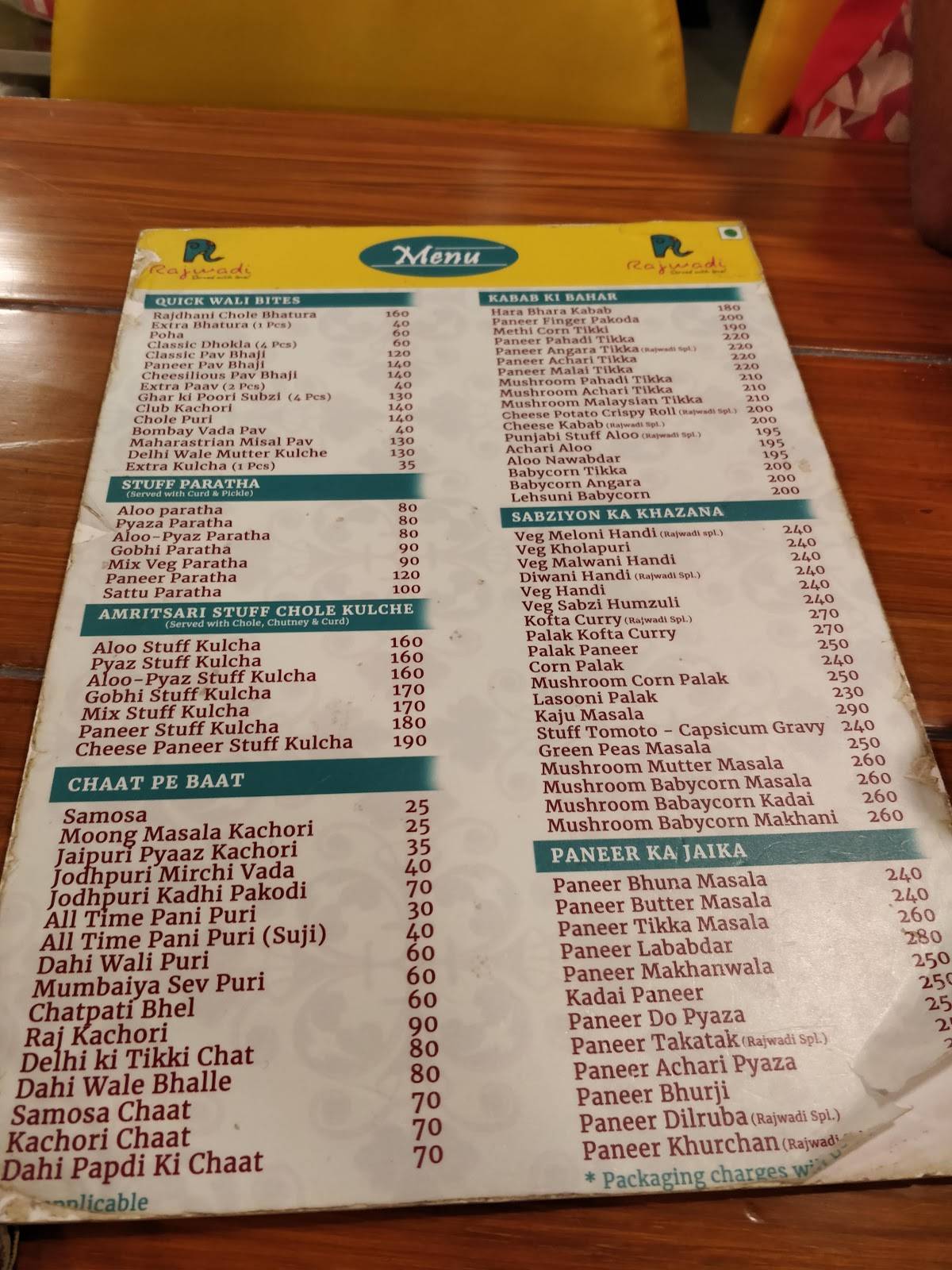 Menu at Rajwadi, Bengaluru, 595, 60 Feet Road, AECS Layout, Brookfield