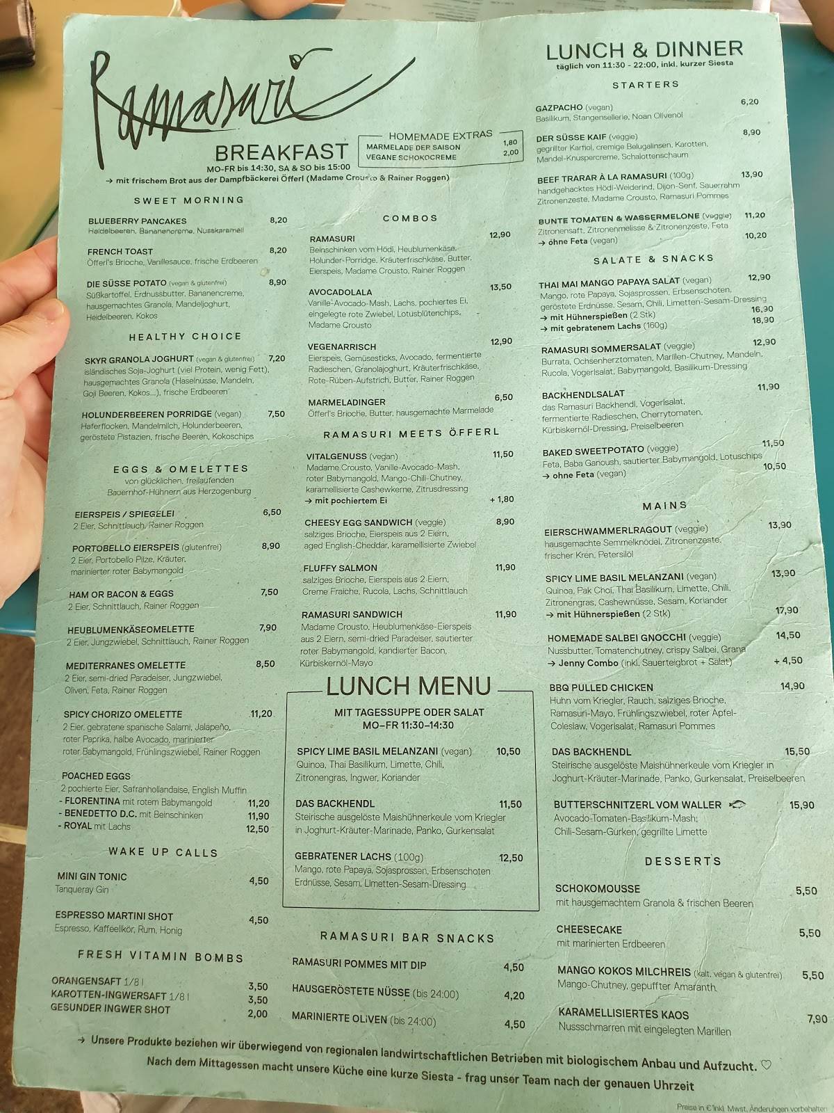 Speisekarte von Ramasuri restaurant, Wien