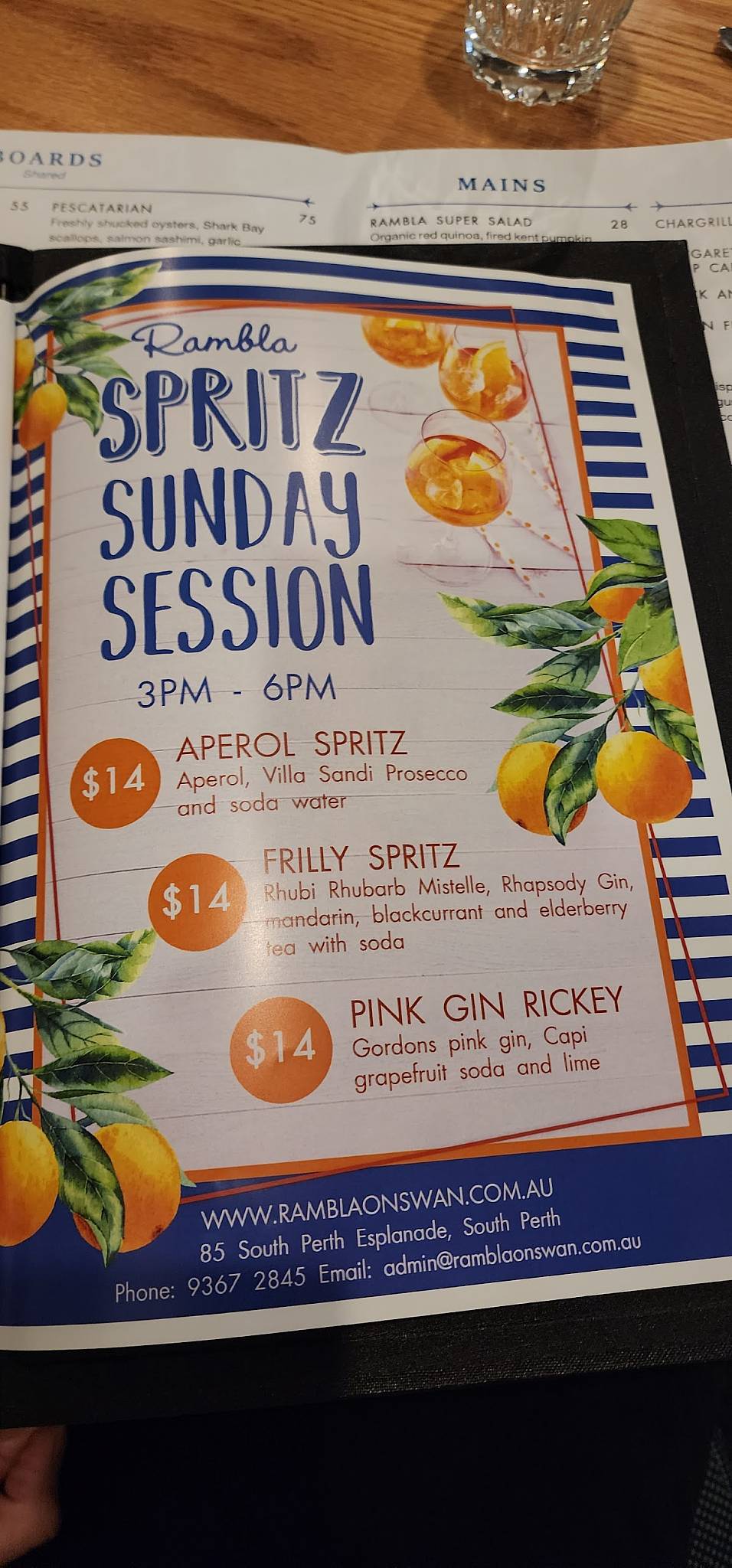 Menu at Rambla On Swan restaurant, South Perth