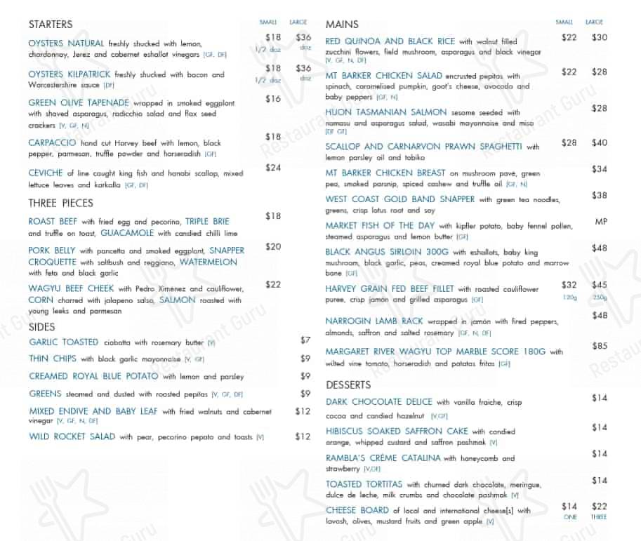 Menu at Rambla On Swan restaurant, South Perth