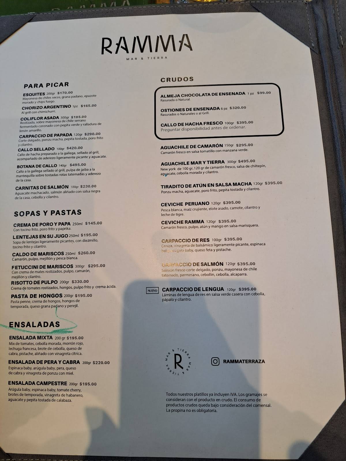 Carta del restaurante Ramma, Ciudad del México