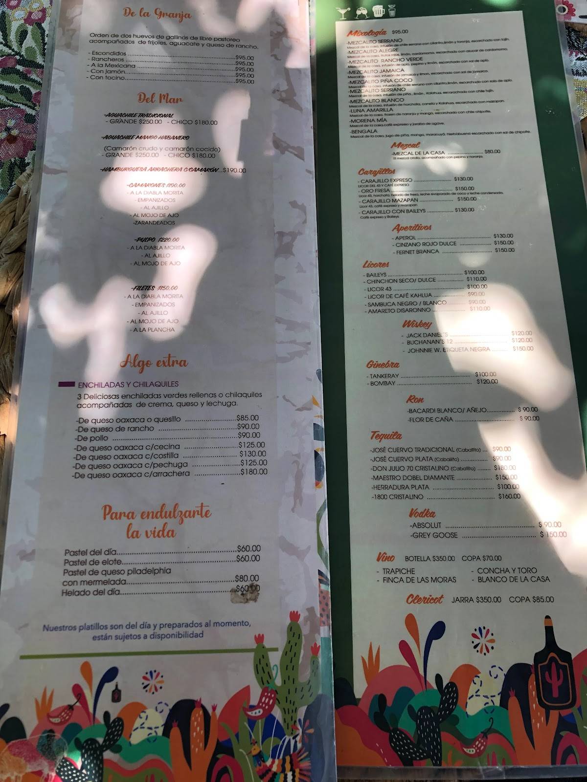 Carta del restaurante Rancho Seco, Malinalco
