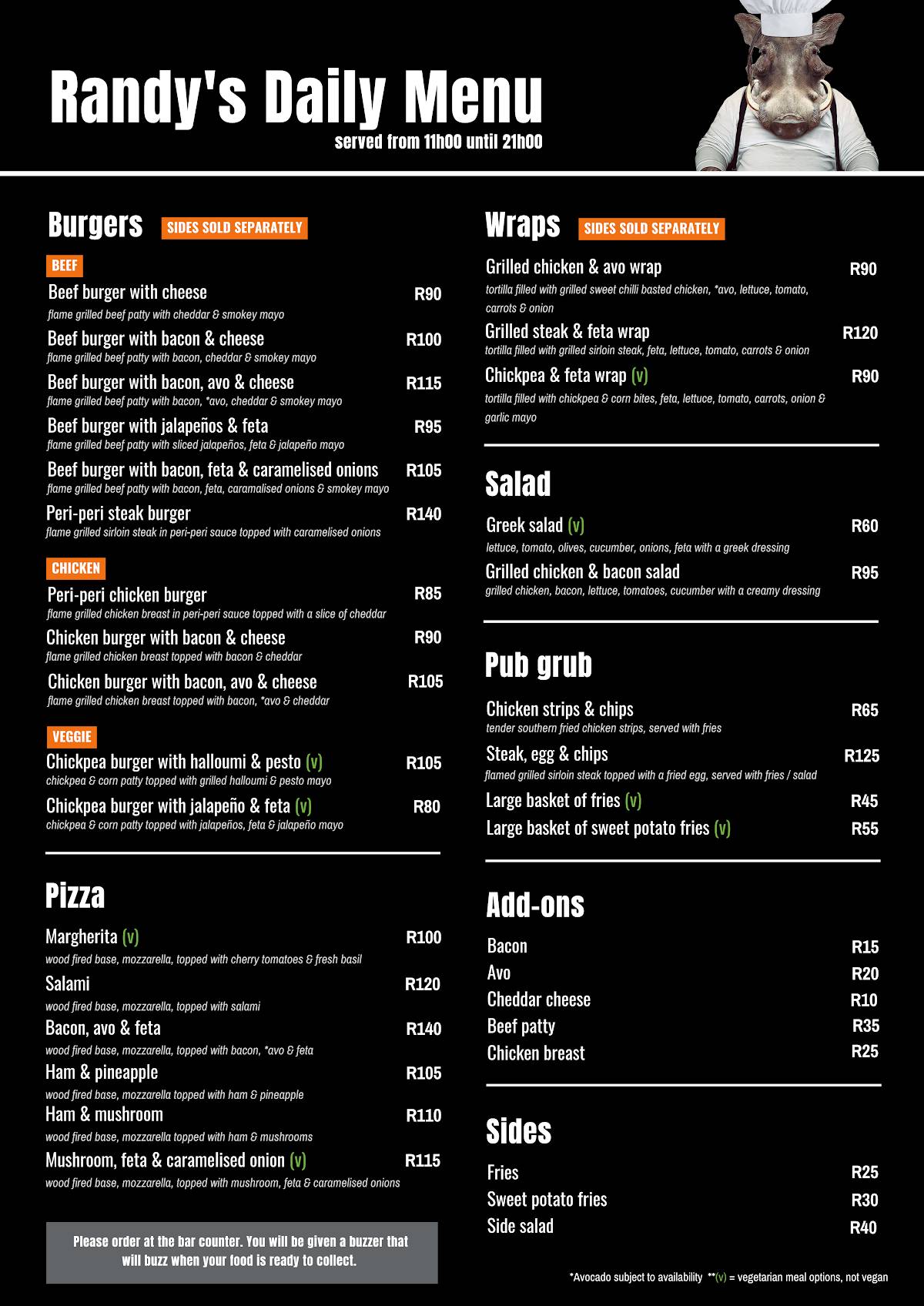 Menu at Randy Warthog restaurant, Cape Town