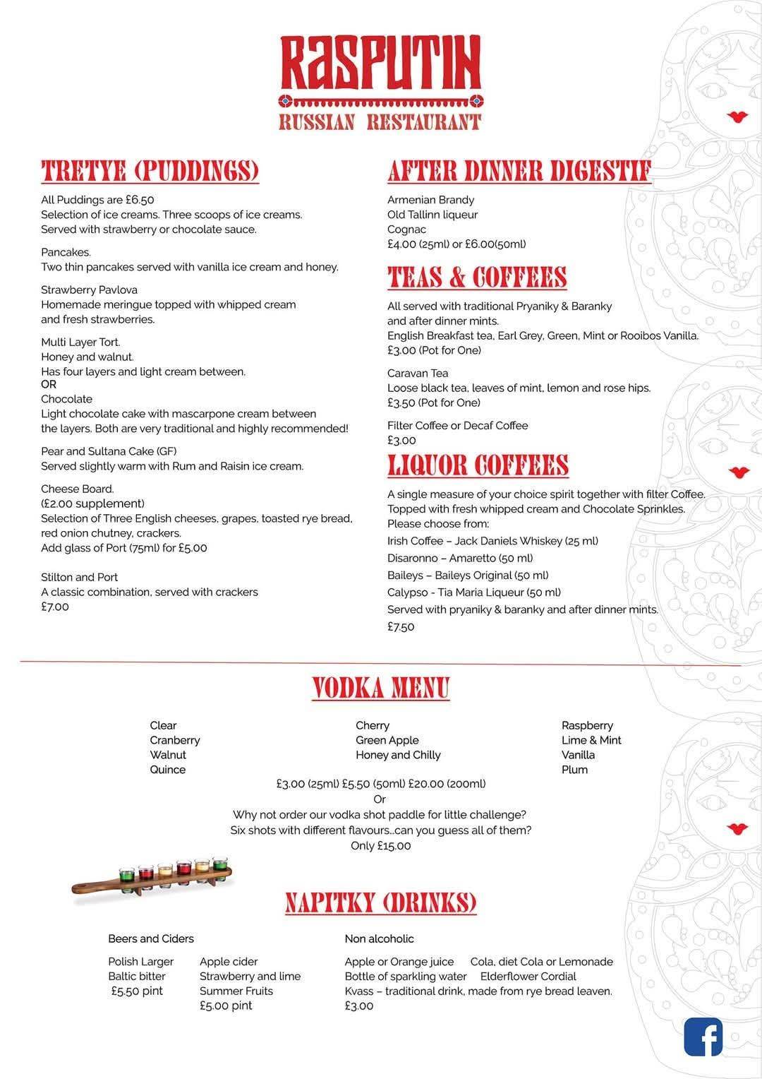 Menu at Rasputin Restaurant, Swaffham