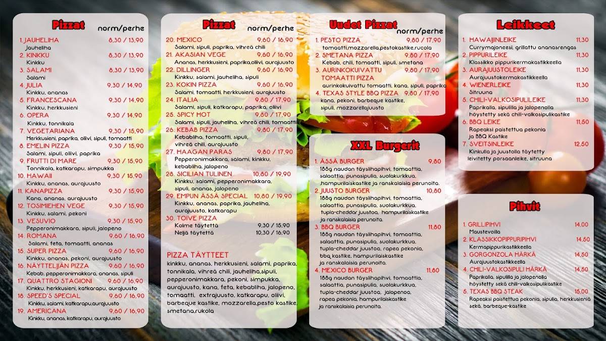 Menu at Ravintola Tupla Ässä pizzeria, Helsinki