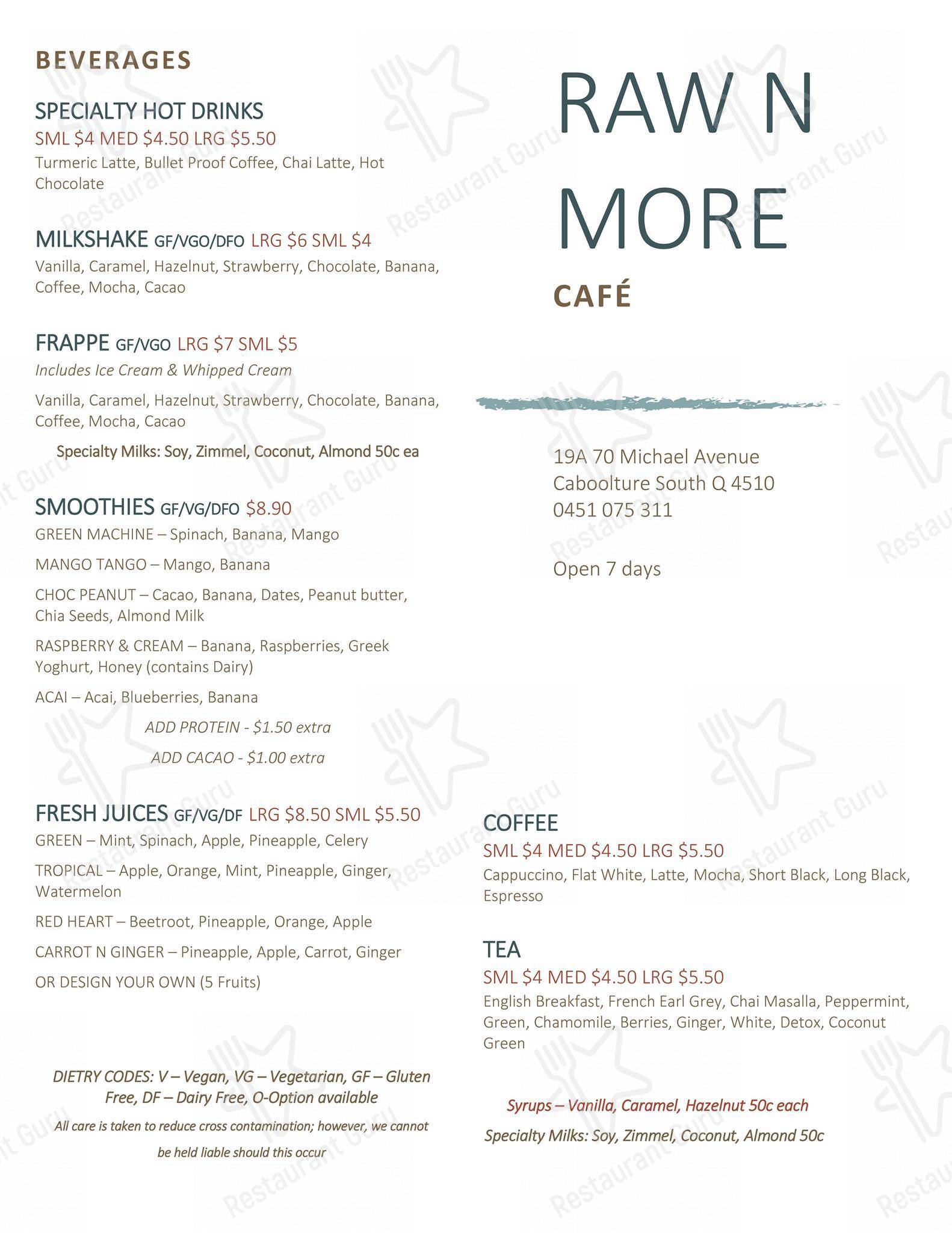 Menu at Raw N More Cafe, Morayfield