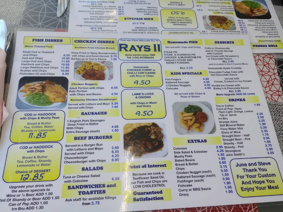 Menu at Rays II Chippy fast food, Benidorm