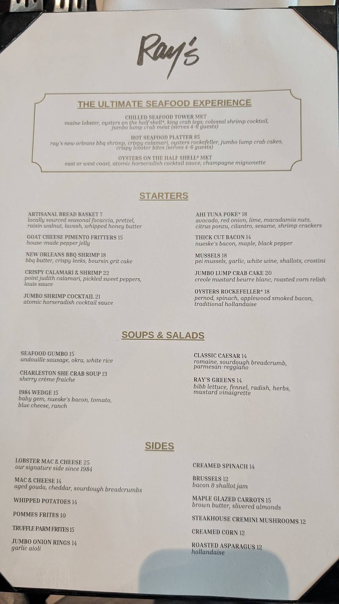 Menu at Ray's on the River steakhouse, Sandy Springs