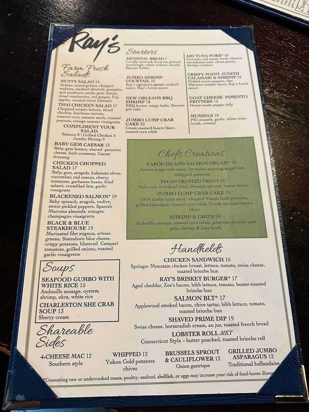 Menu at Ray's on the River steakhouse, Sandy Springs