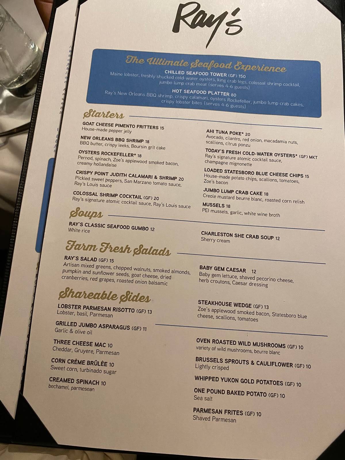 Menu at Ray's on the River steakhouse, Sandy Springs