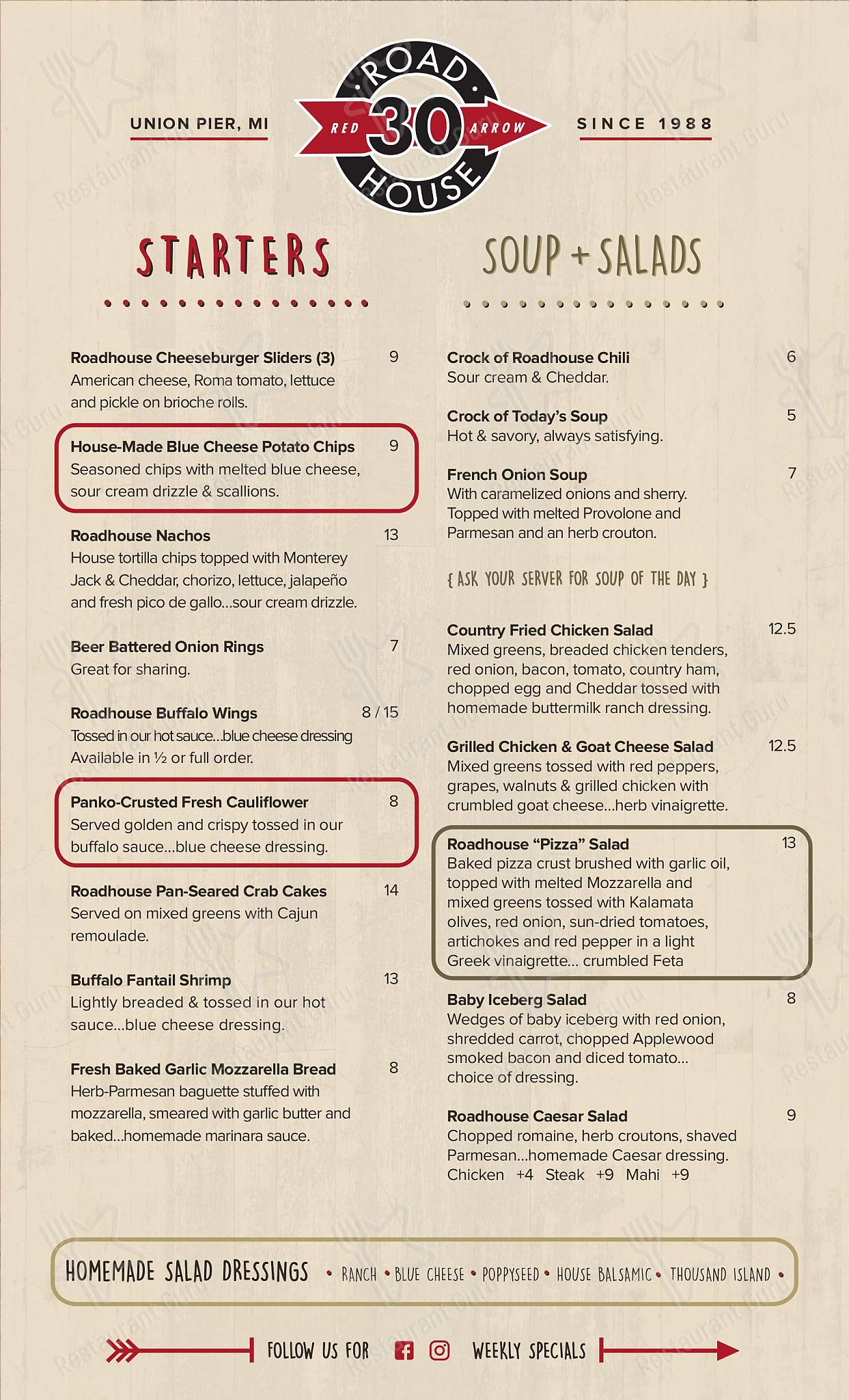 Menu at Red Arrow Roadhouse pub & bar, Union Pier