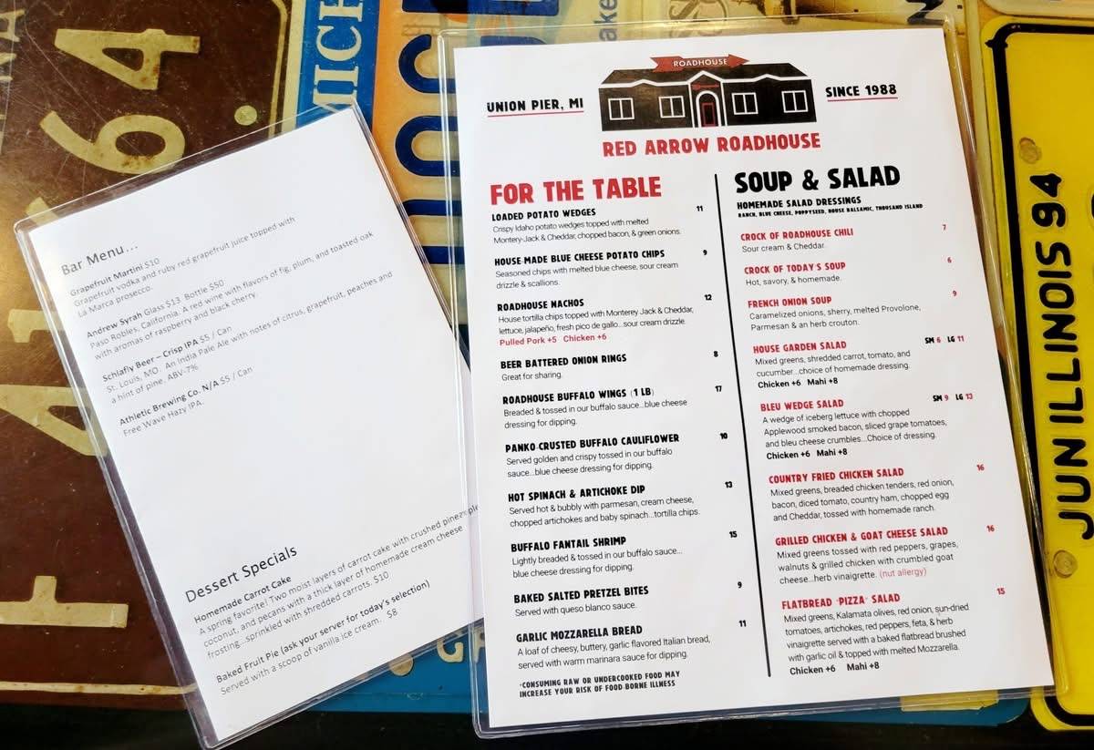Menu at Red Arrow Roadhouse pub & bar, Union Pier