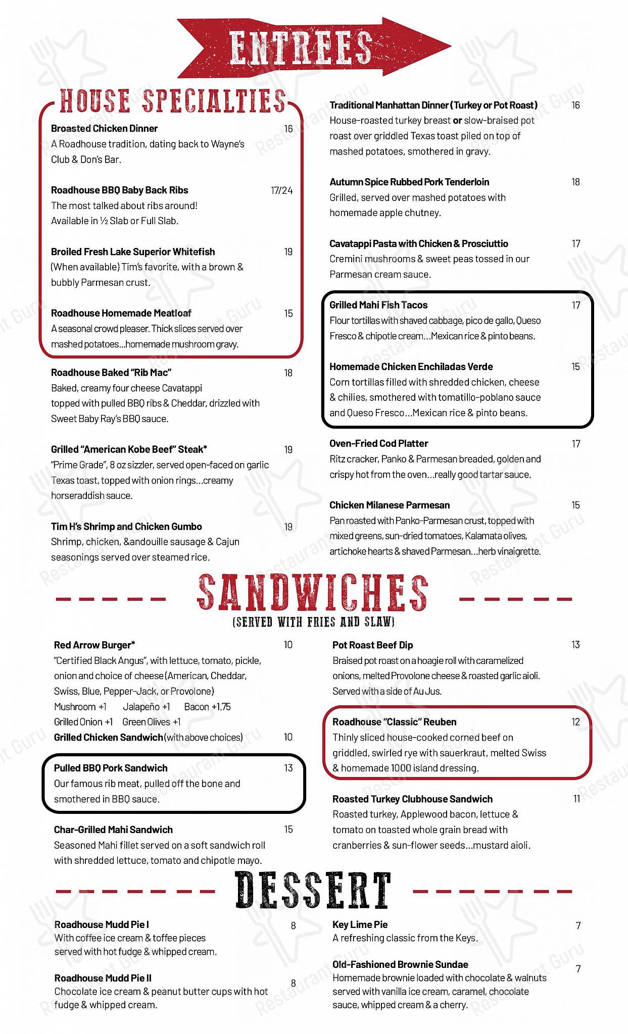 Menu at Red Arrow Roadhouse pub & bar, Union Pier