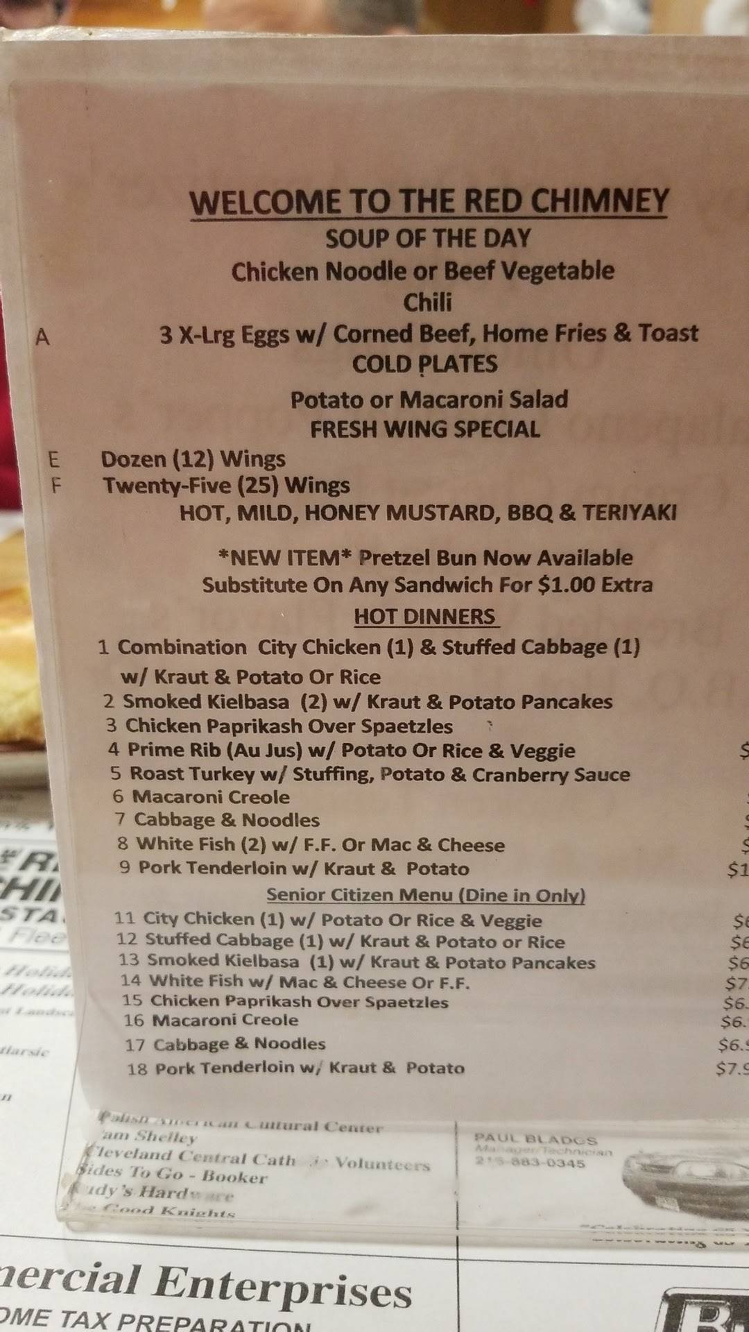 Menu at Red Chimney restaurant, Cleveland
