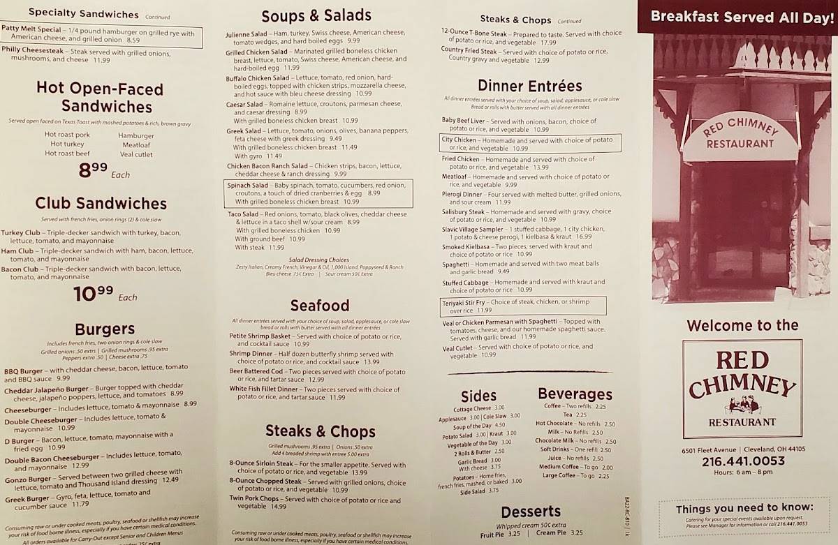 Menu at Red Chimney restaurant, Cleveland