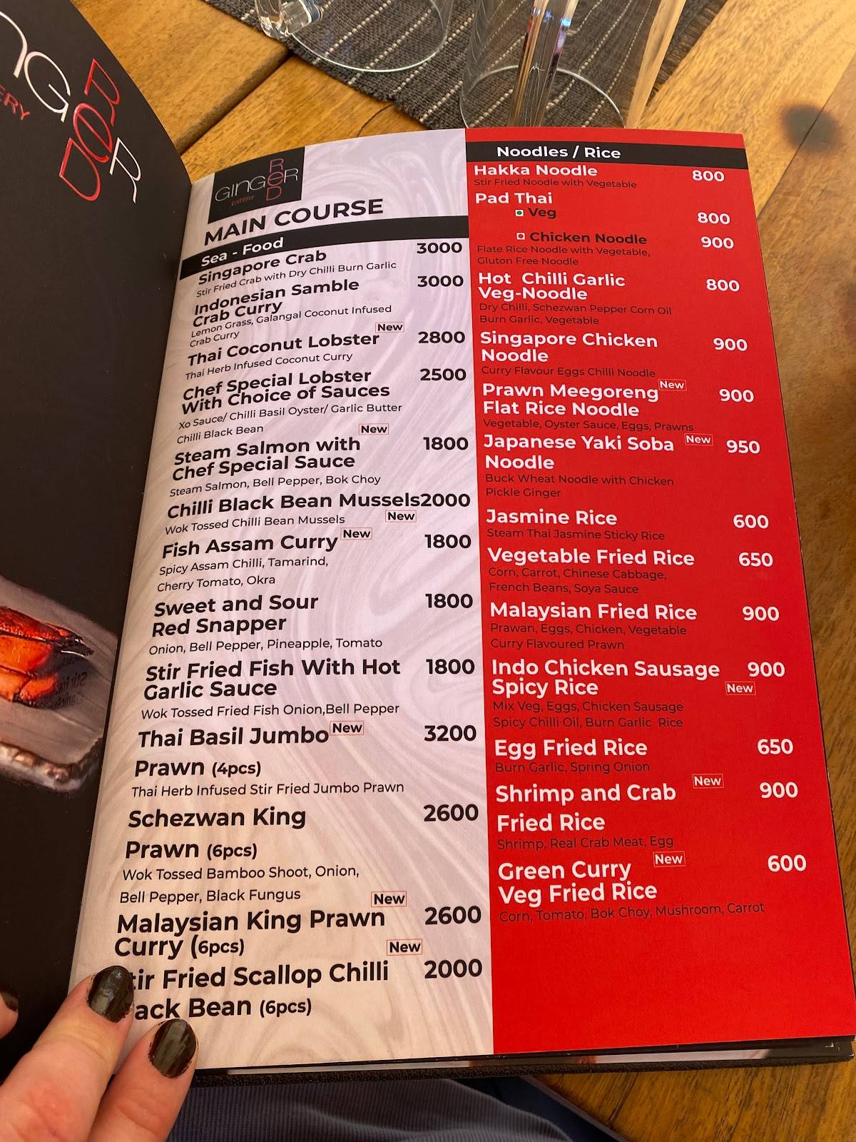 Menu at Red Ginger restaurant, Nairobi
