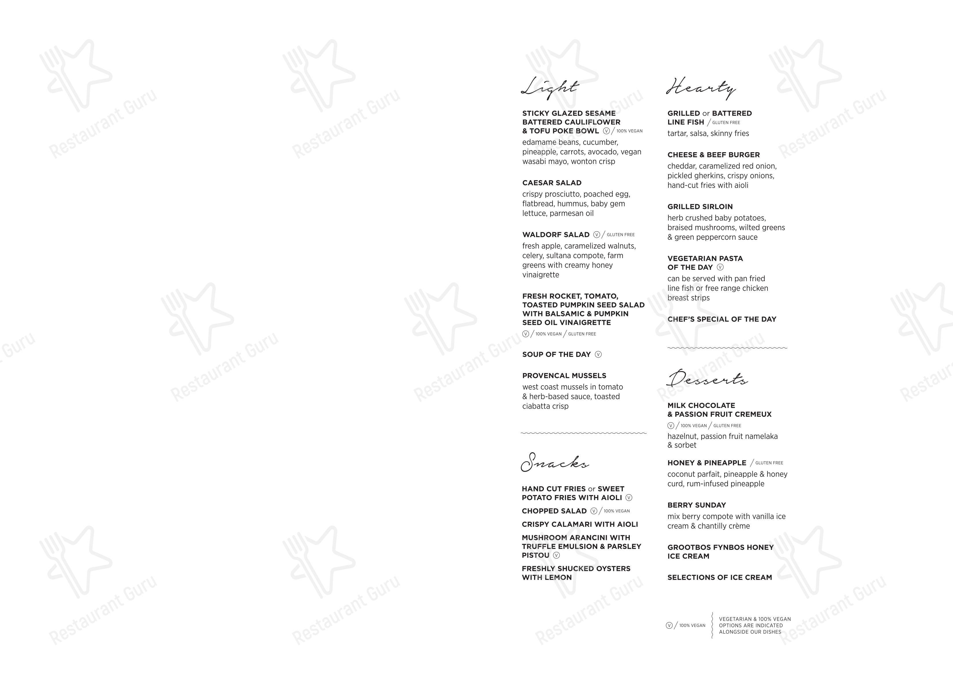 Menu at Red Indigo and the Garden, Gansbaai