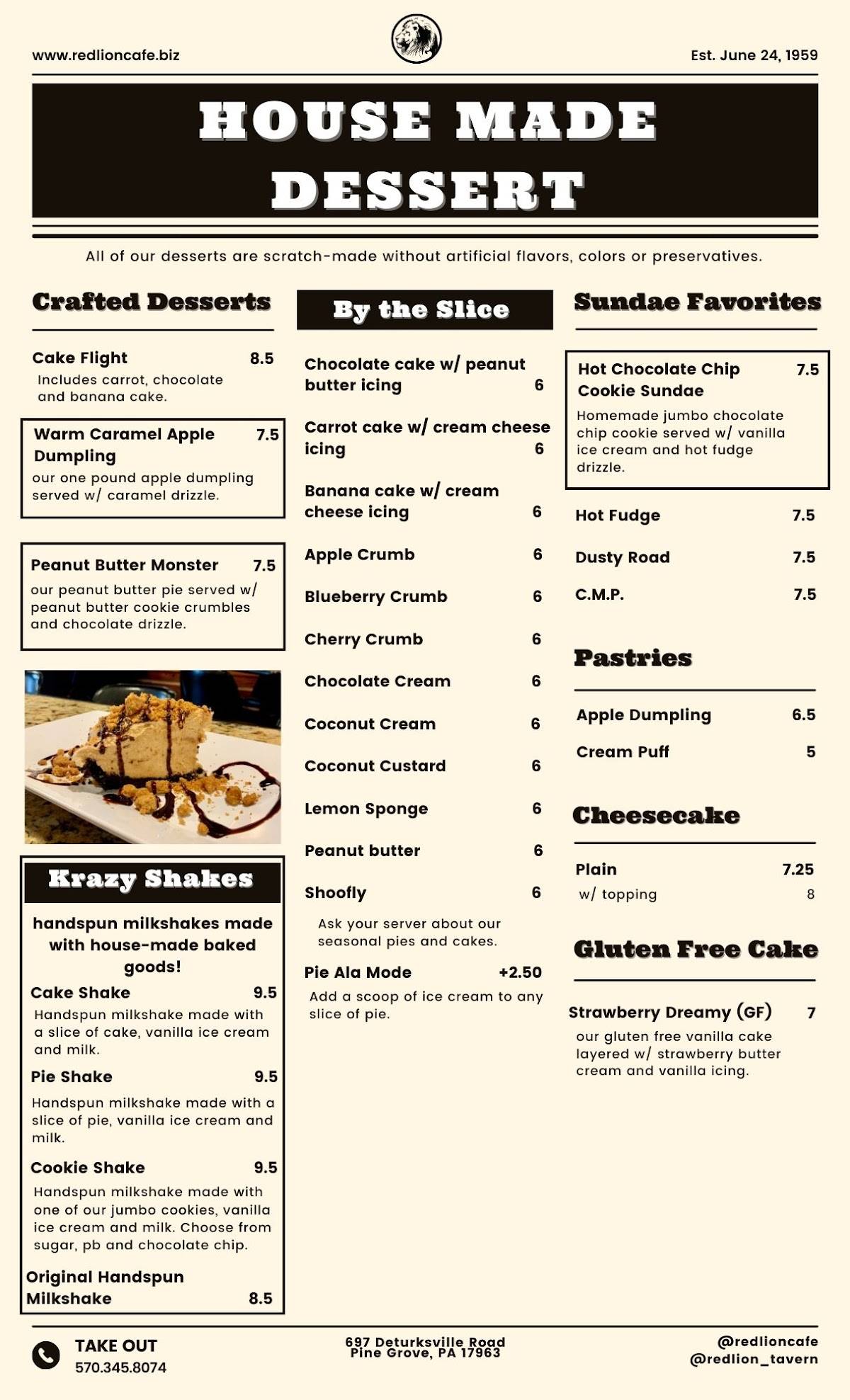 Menu at Red Lion Cafe & Restaurant, USA, 697 Deturksville Rd