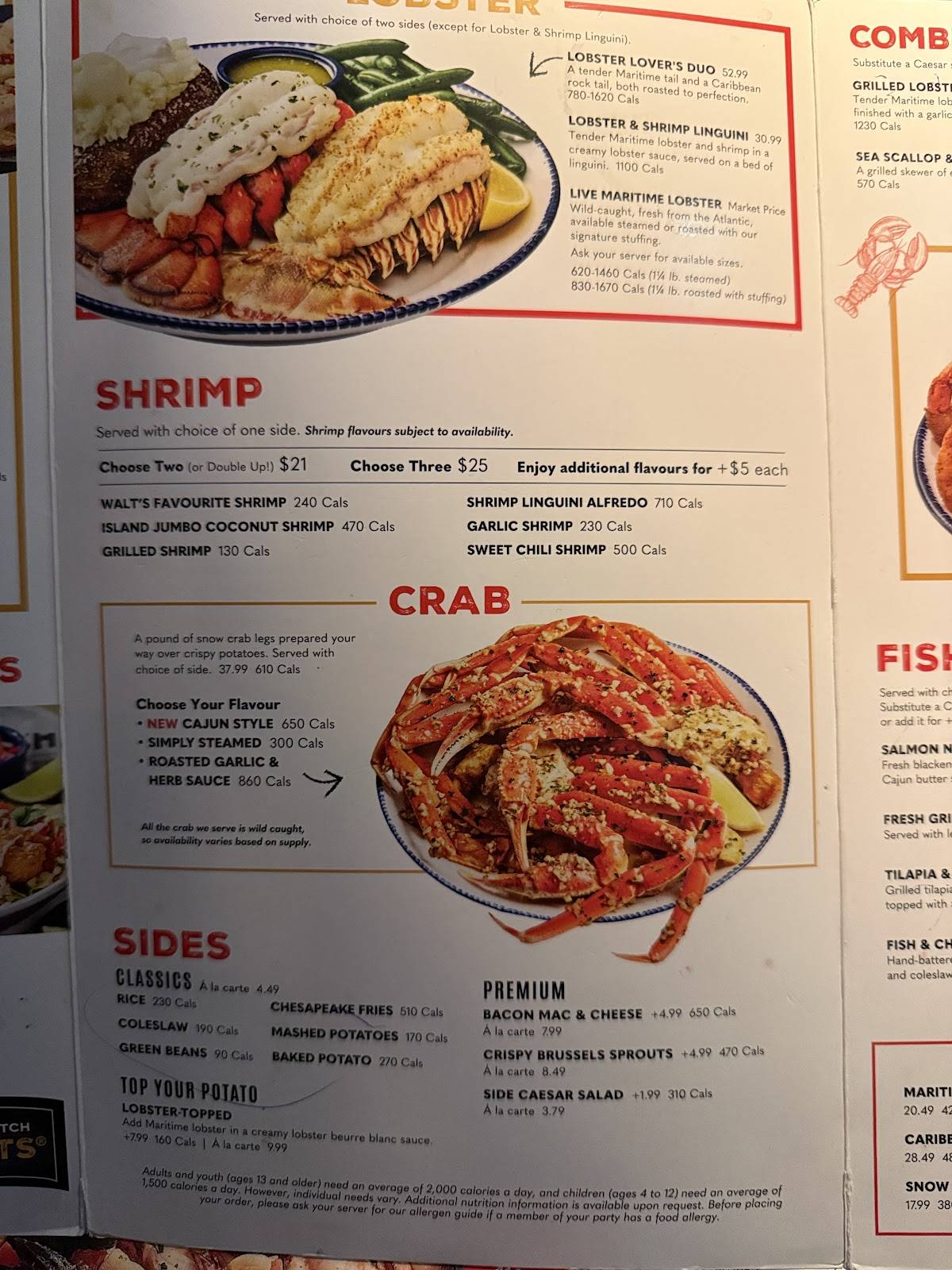 Menu at Red Lobster restaurant, Toronto, The Queensway