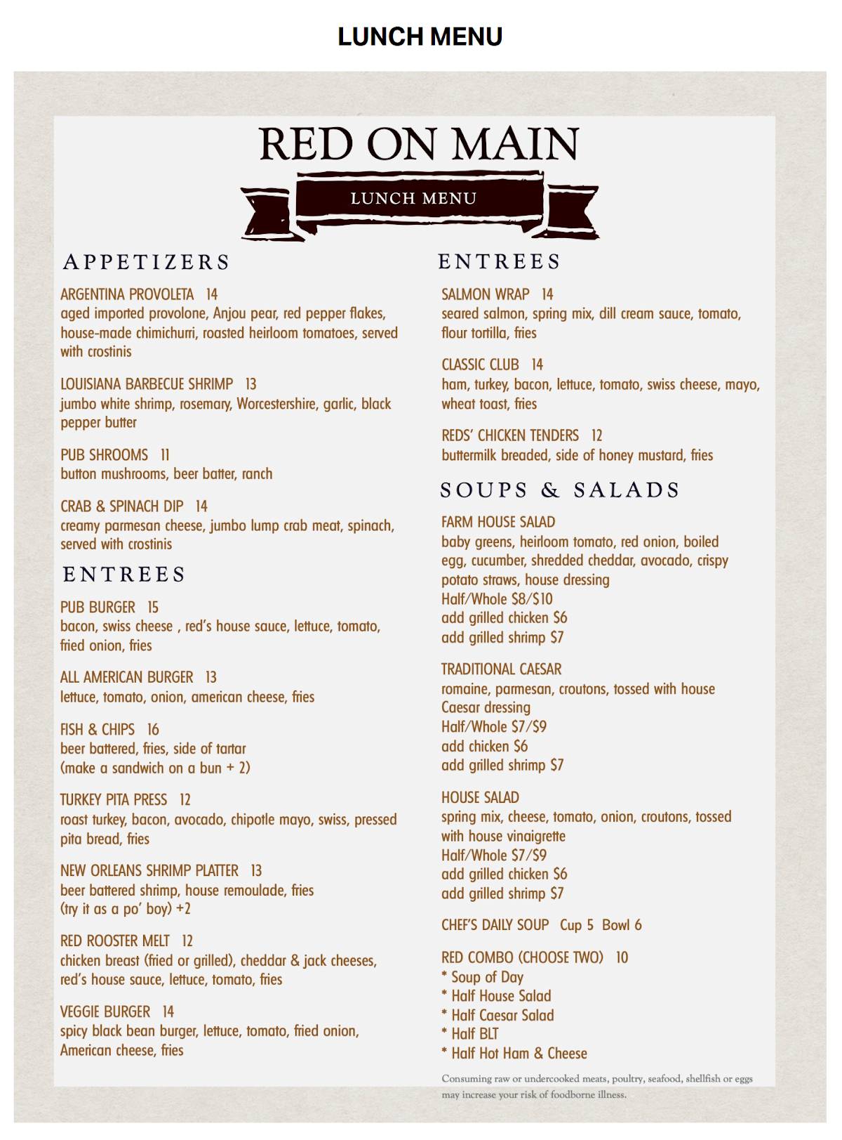 Menu at Red On Main pub & bar, Madison