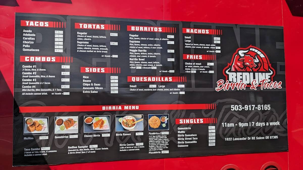 Menu at Redline Birria Y Tacos restaurant, Salem