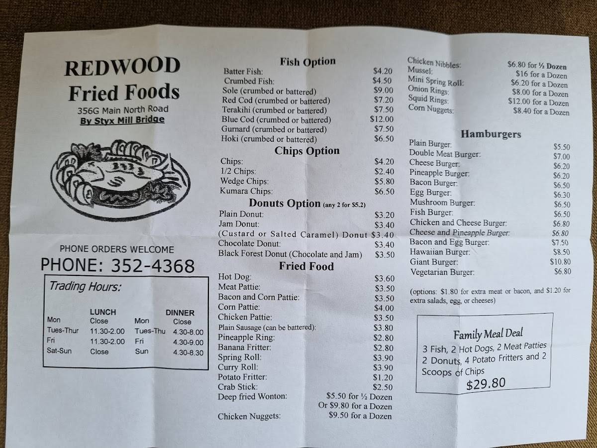 Menu at Redwood Fried Foods fast food, Christchurch