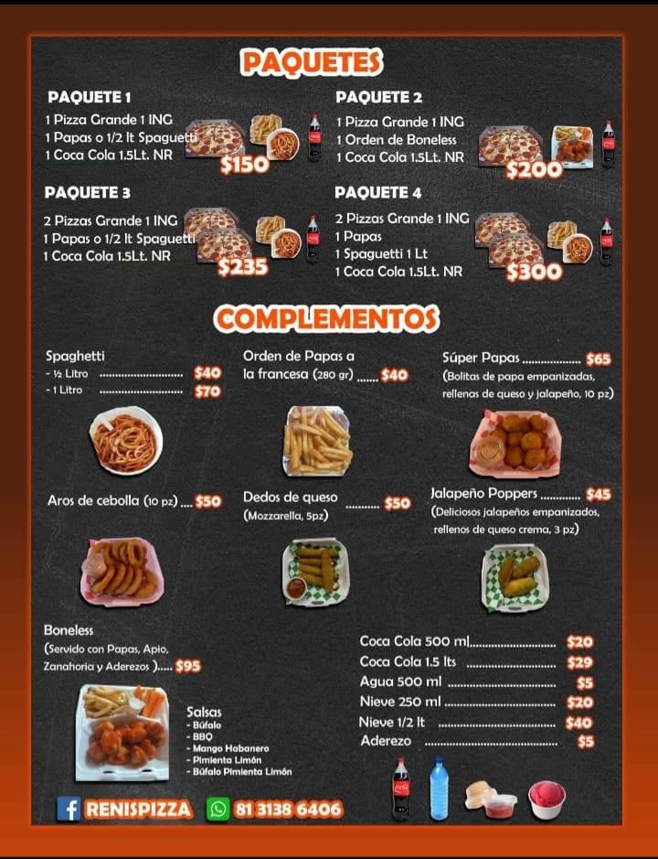 Menu at Reni's Pizza restaurant, Guadalupe