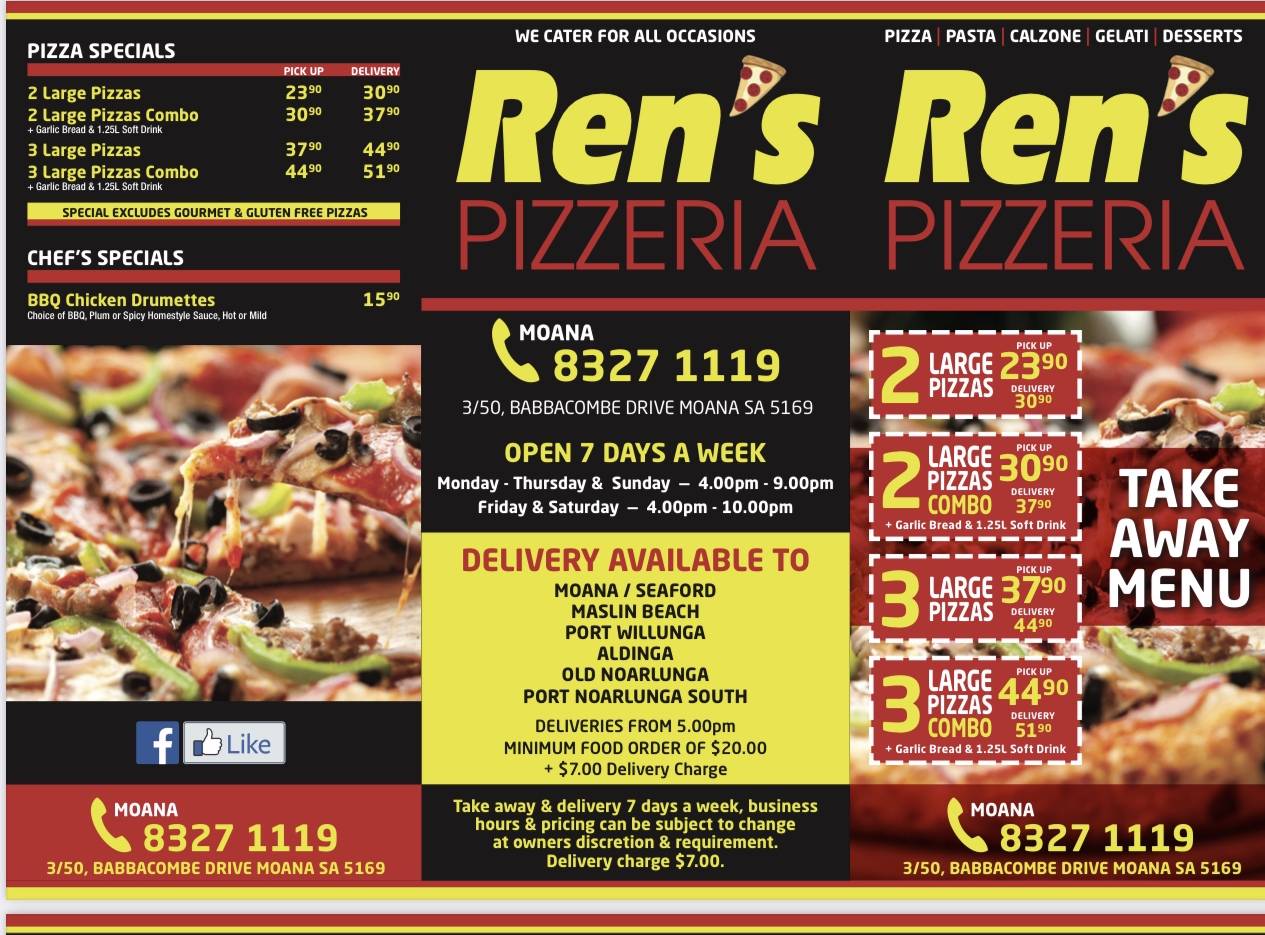 Menu at Ren's Pizzeria, Moana, 3/50 Babbacombe Dr