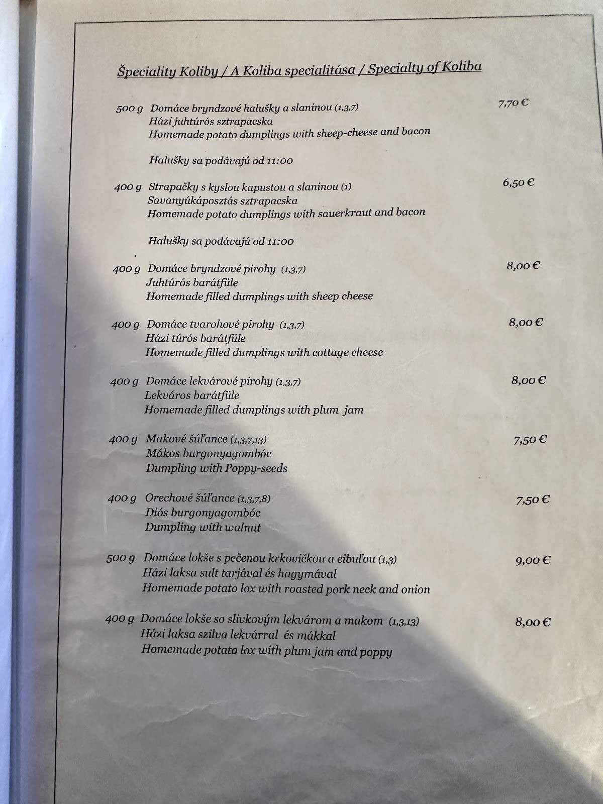 Menu at Reštaurácia Koliba Soroška restaurant, Lipovník, Soroška