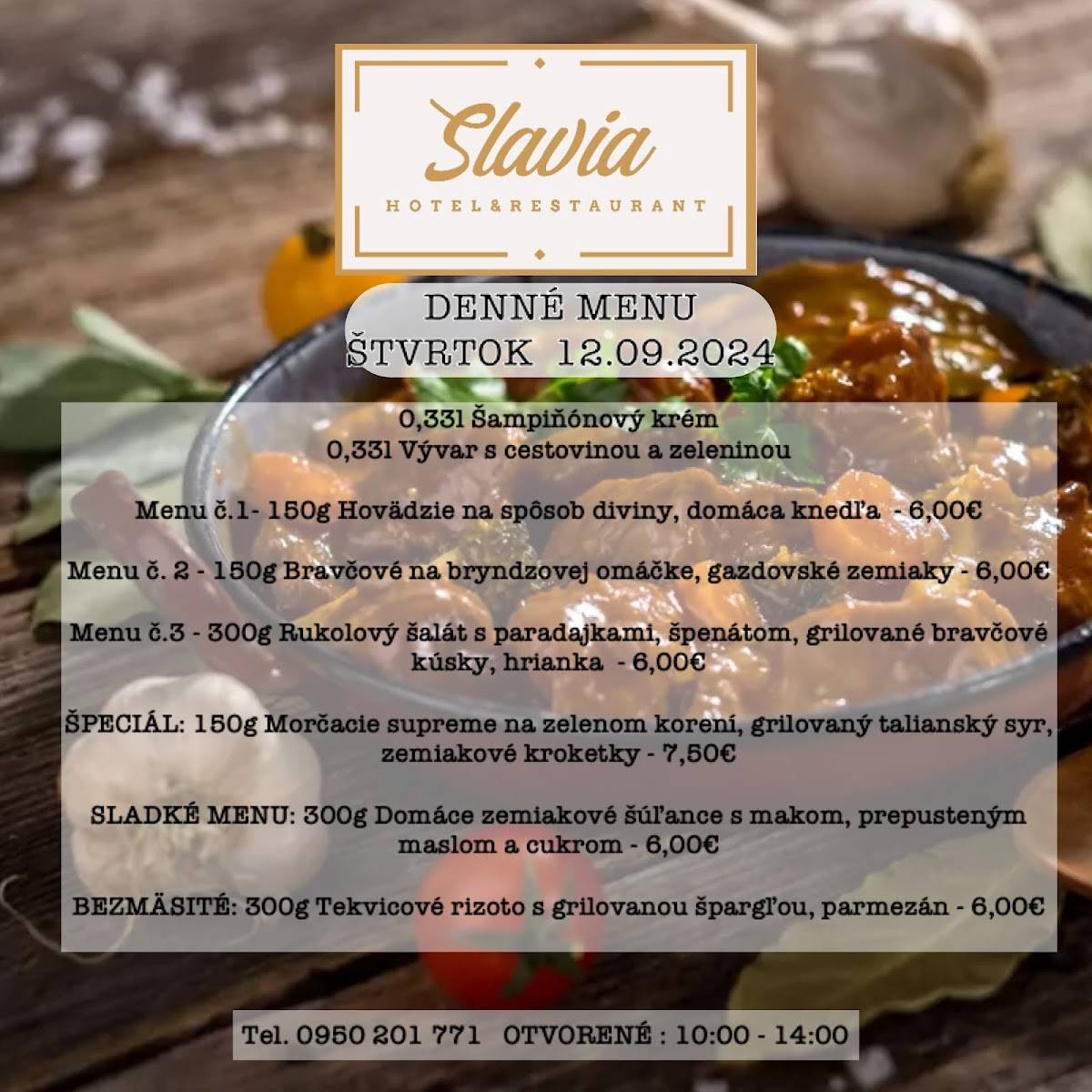 Menu at Reštaurácia Slávia restaurant, Poprad