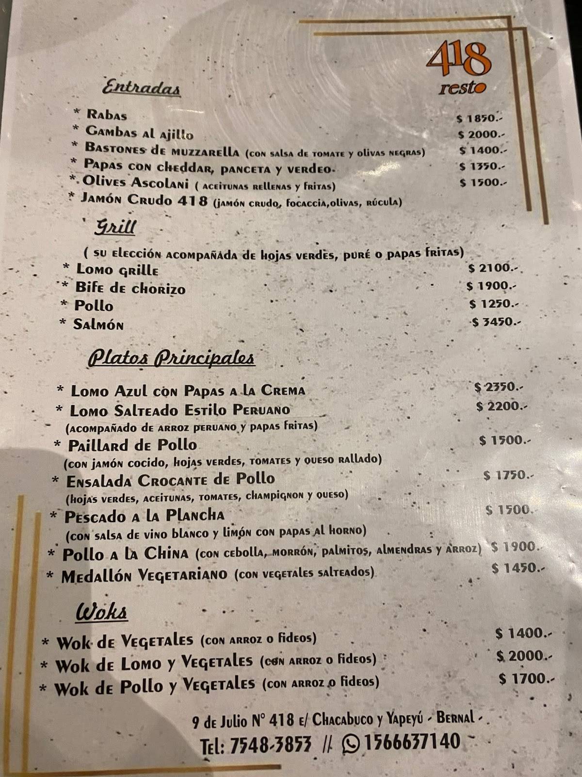 Carta del restaurante 418 Resto, Bernal
