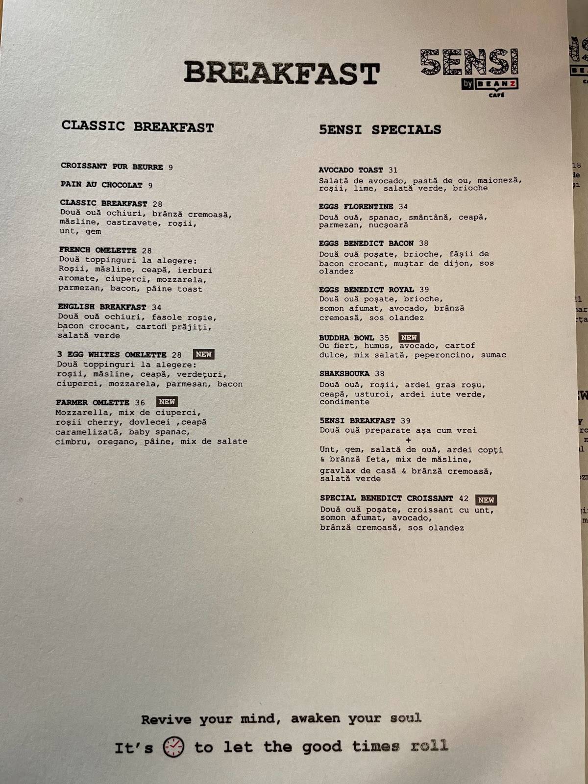 Menu at 5ENSI by BeanZ Cafe, Bucharest