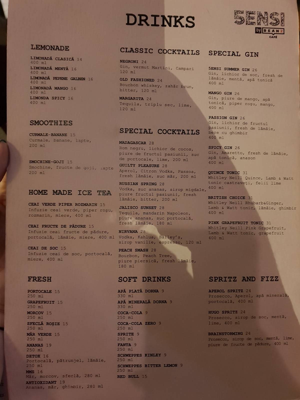 Menu at 5ENSI by BeanZ Cafe, Bucharest