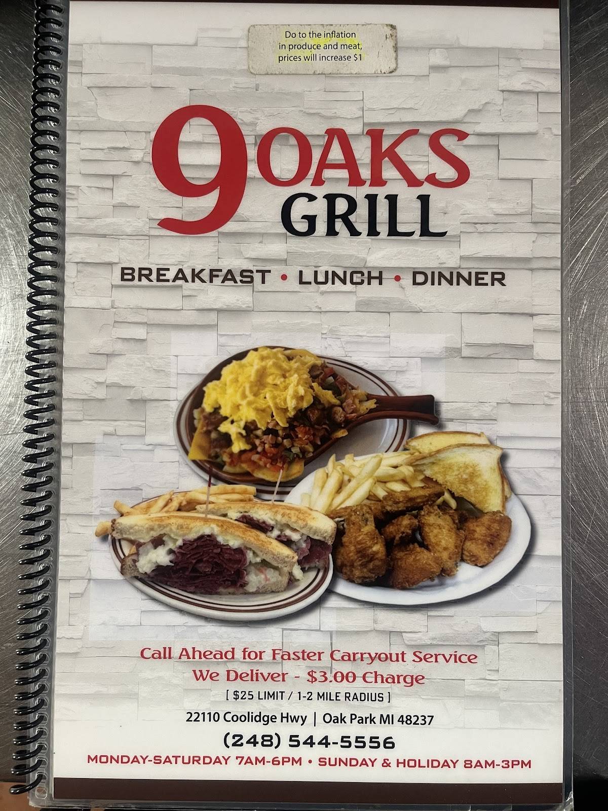 Menu at 9 Oaks Grill restaurant, Oak Park