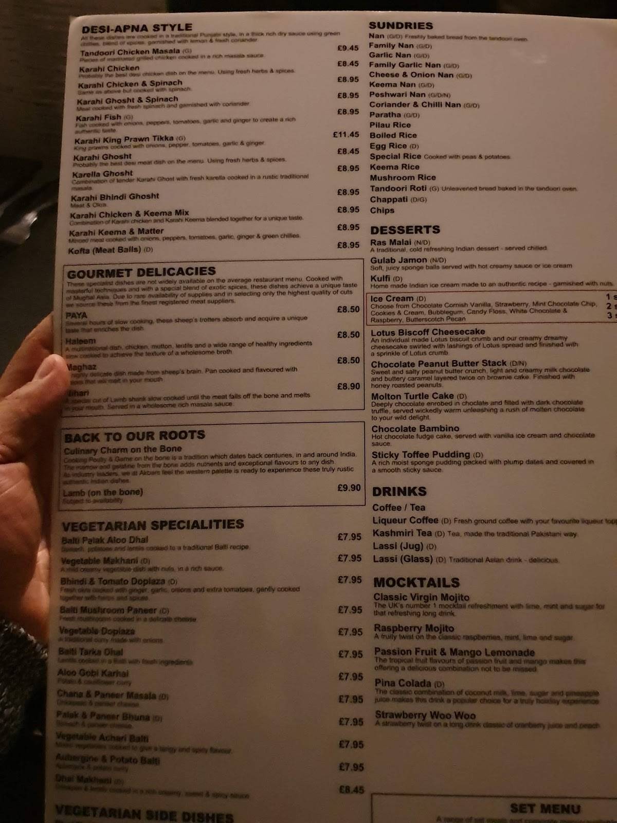 Menu at Akbar's Restaurant, Leeds, 15 Eastgate