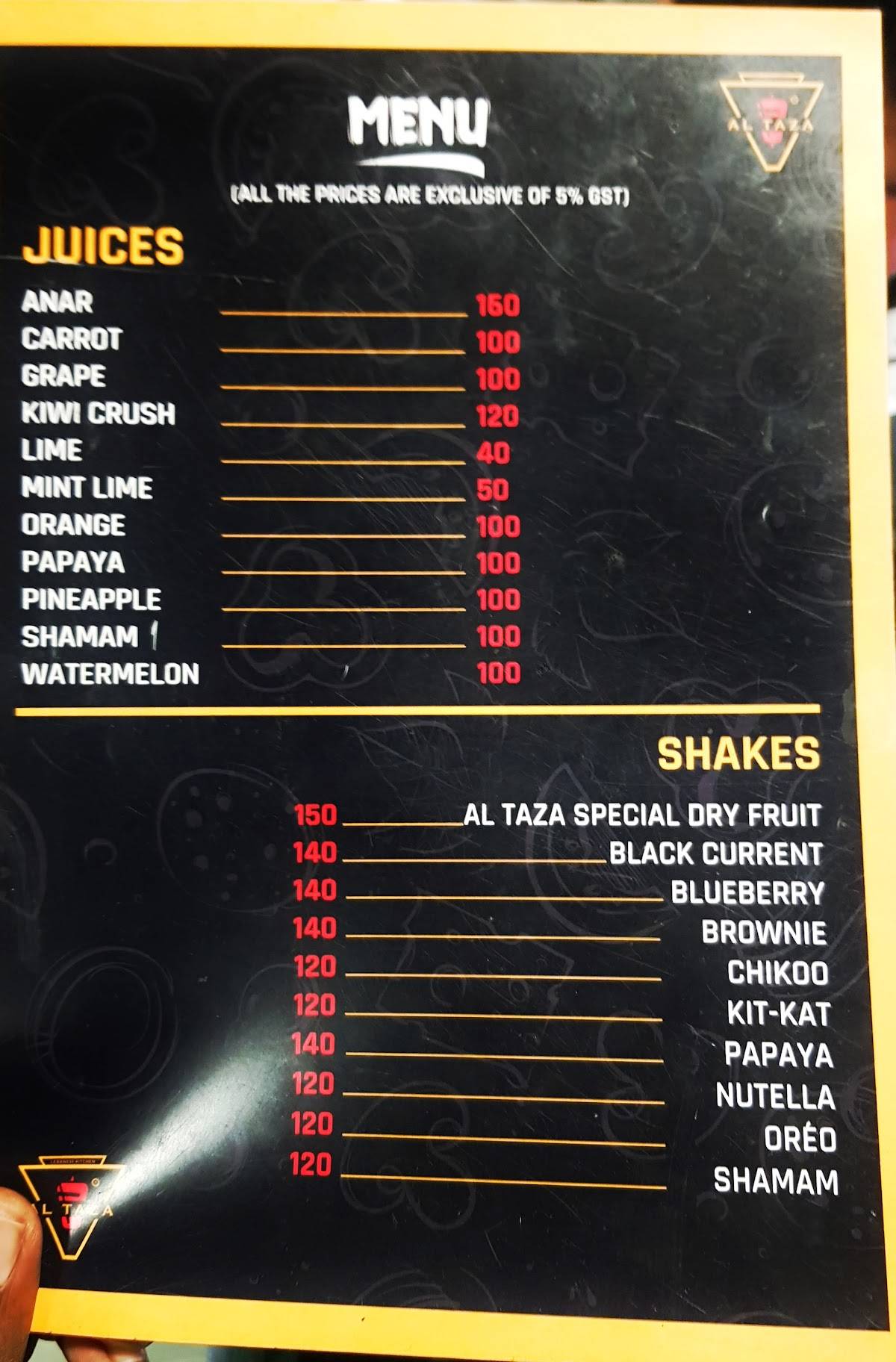 Menu at Al Taza - Edappally, Ernakulam