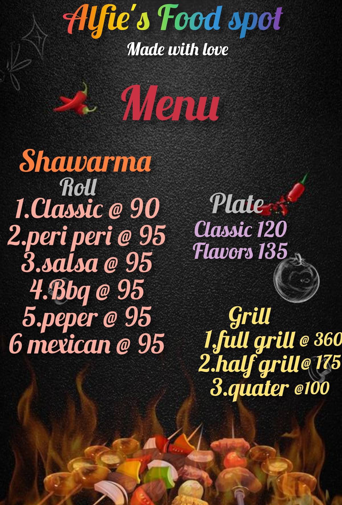 Menu at Alfie's Food spot, Coimbatore